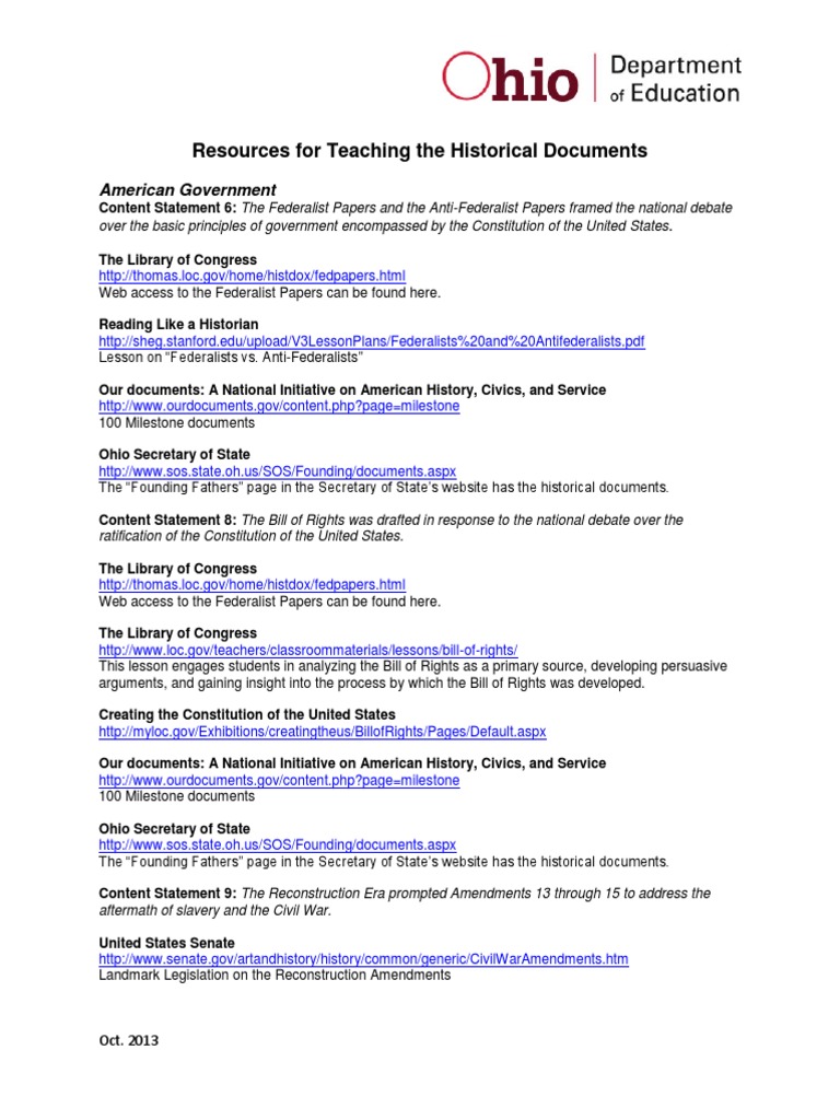 Resources For Teaching The Historical Documents: American Government ...