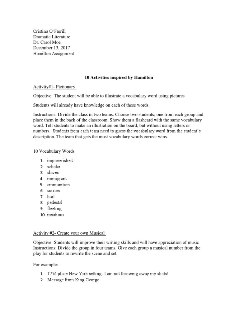 Hamilton 10 Activities | PDF | Hamilton (Musical) | Vocabulary