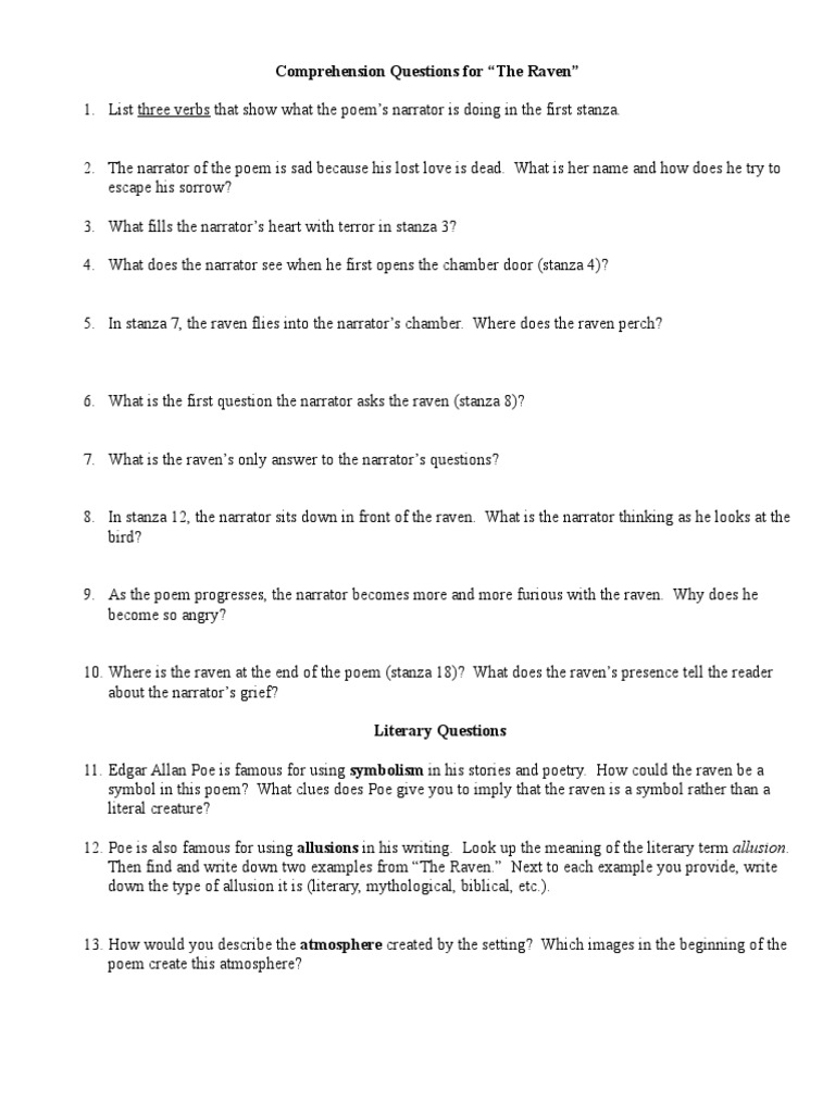 Comprehension Questions for The Raven | PDF