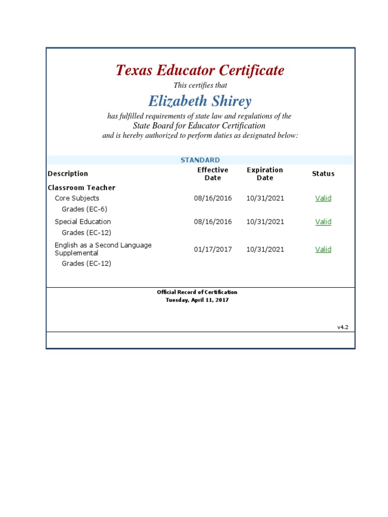 Texas Educator Certificate | PDF