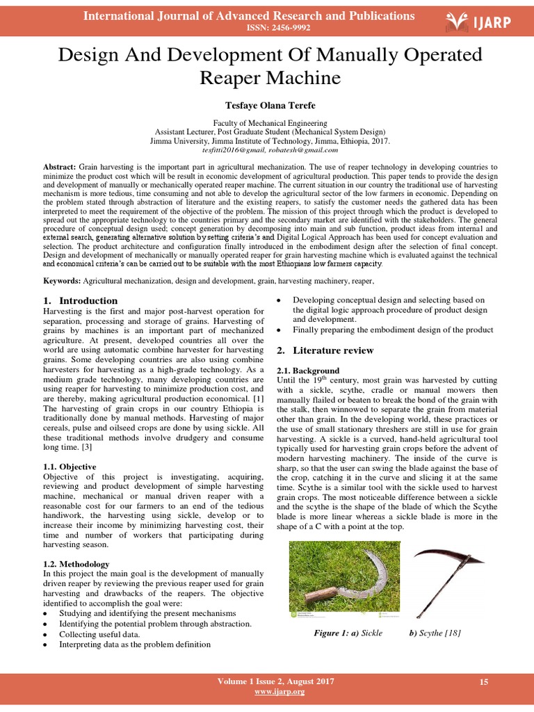 Design and Development of Manually Operated Reaper Machine | PDF ...