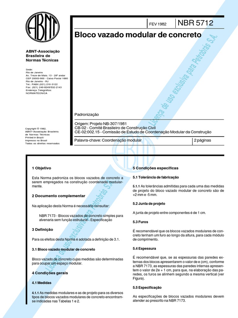 NBR 5712 - 1982 - Bloco Vazado Modular de Concreto PDF | PDF