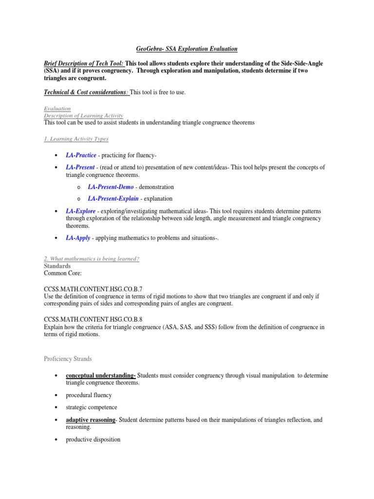 Geogebra Ssa Exploration Evaluation Pdf Triangle Change