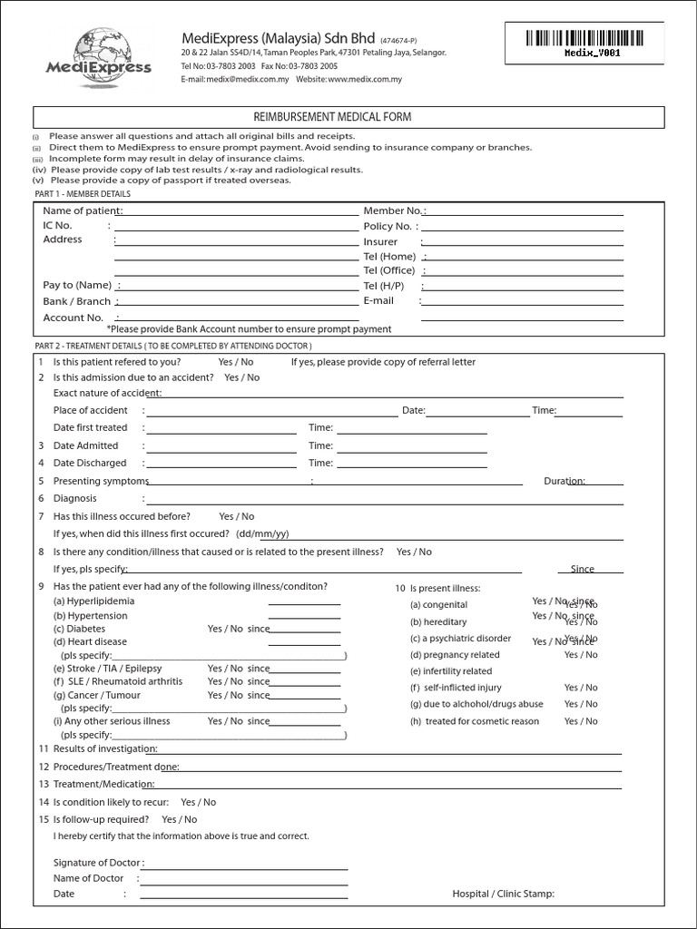 Reimbursement Medical Form New | Clinic | Insurance