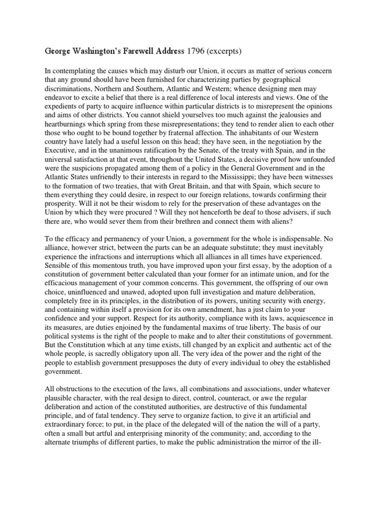 George Washington's Farewell Address 1796 (Excerpts) | PDF | Constitution