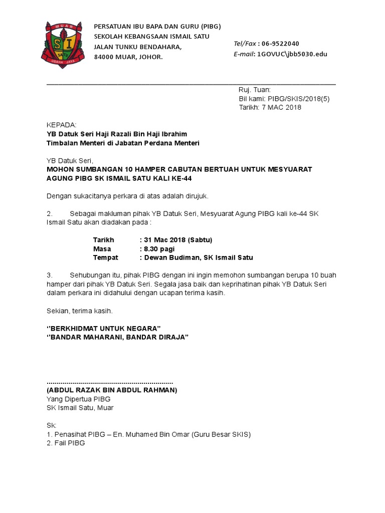 Surat Permohonan Sumbangan Hamper PIBG | PDF | Karier & Perkembangan