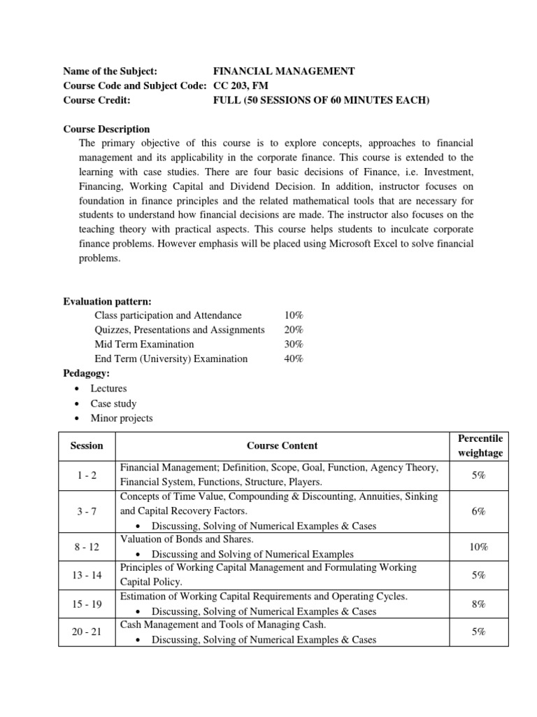 Name of The Subject: Financial Management Course Code and Subject Code ...