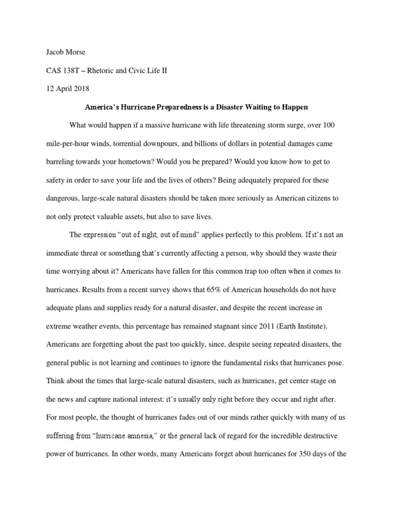 Cas 138 Persuasive Essay - Hurricane Preparedness | PDF | Hurricane ...
