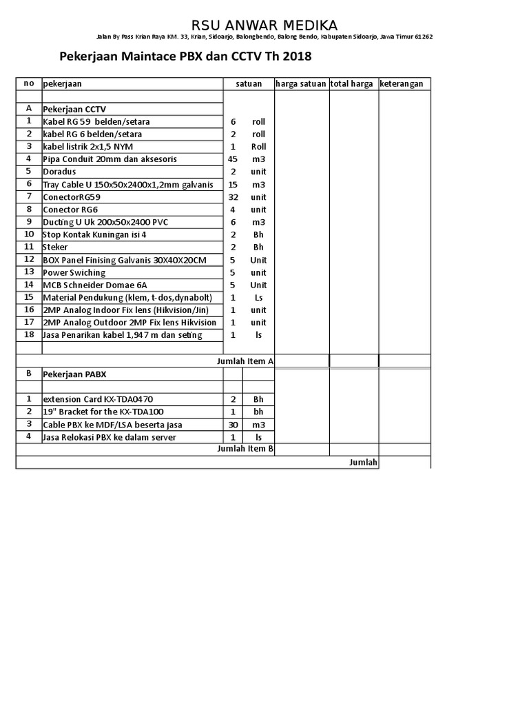 BOQ Final Pekerjaan CCTV Dan PABX RSU - Anwar Medika | PDF