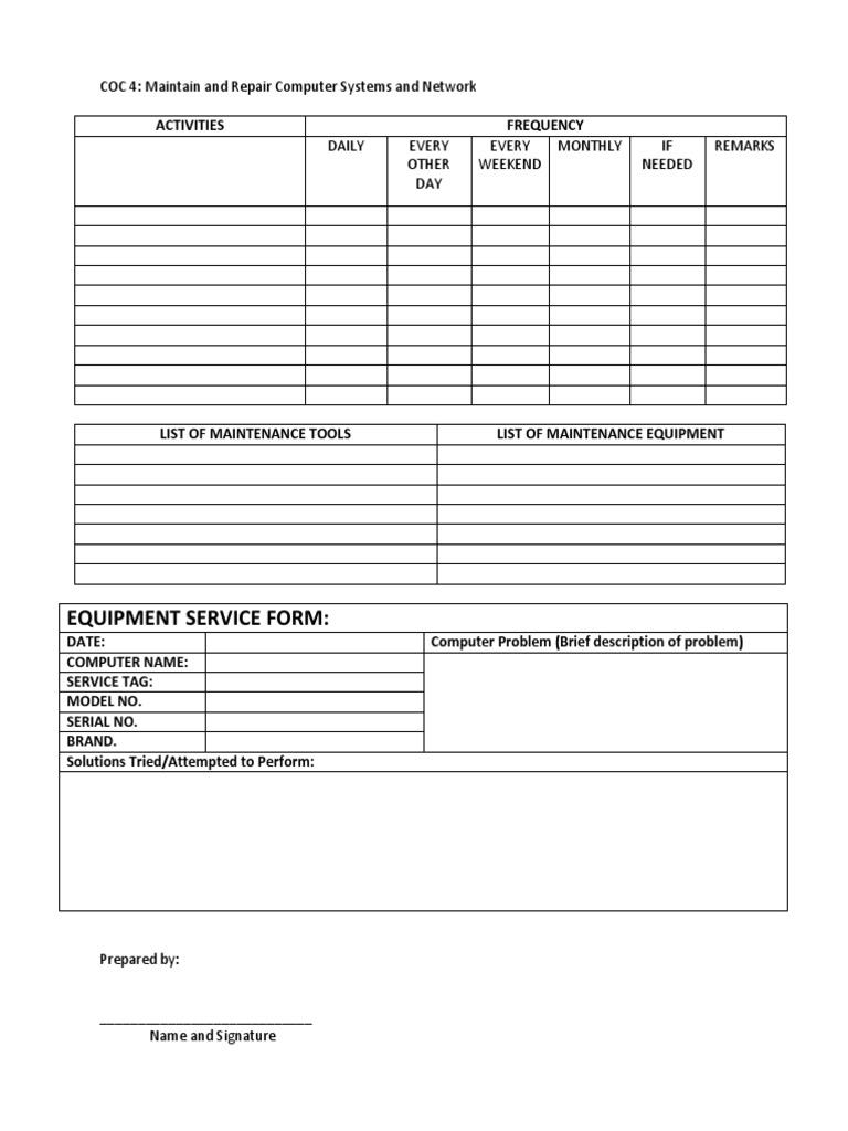 Equipment Service Form:: COC 4: Maintain and Repair Computer Systems ...