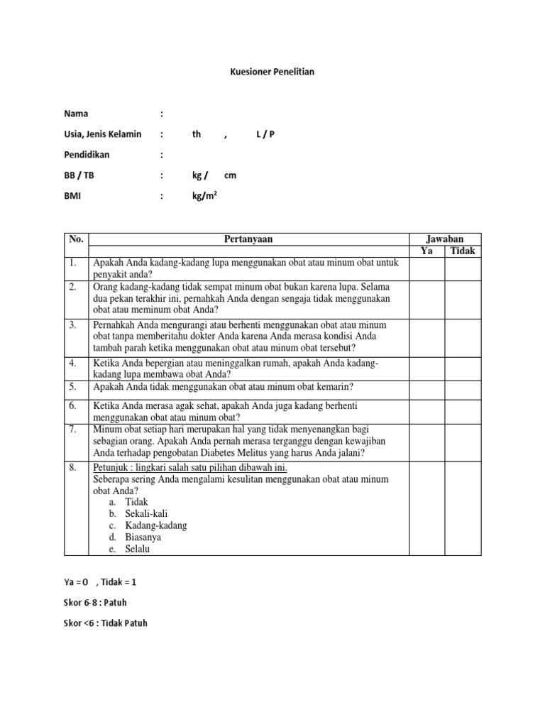 Kuesioner Kepatuhan Minum Obat Pdf - Riset