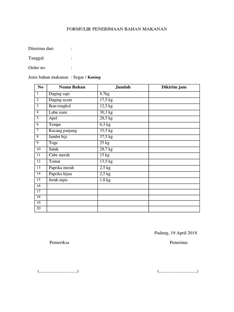 Formulir Penerimaan Bahan Makanan | PDF