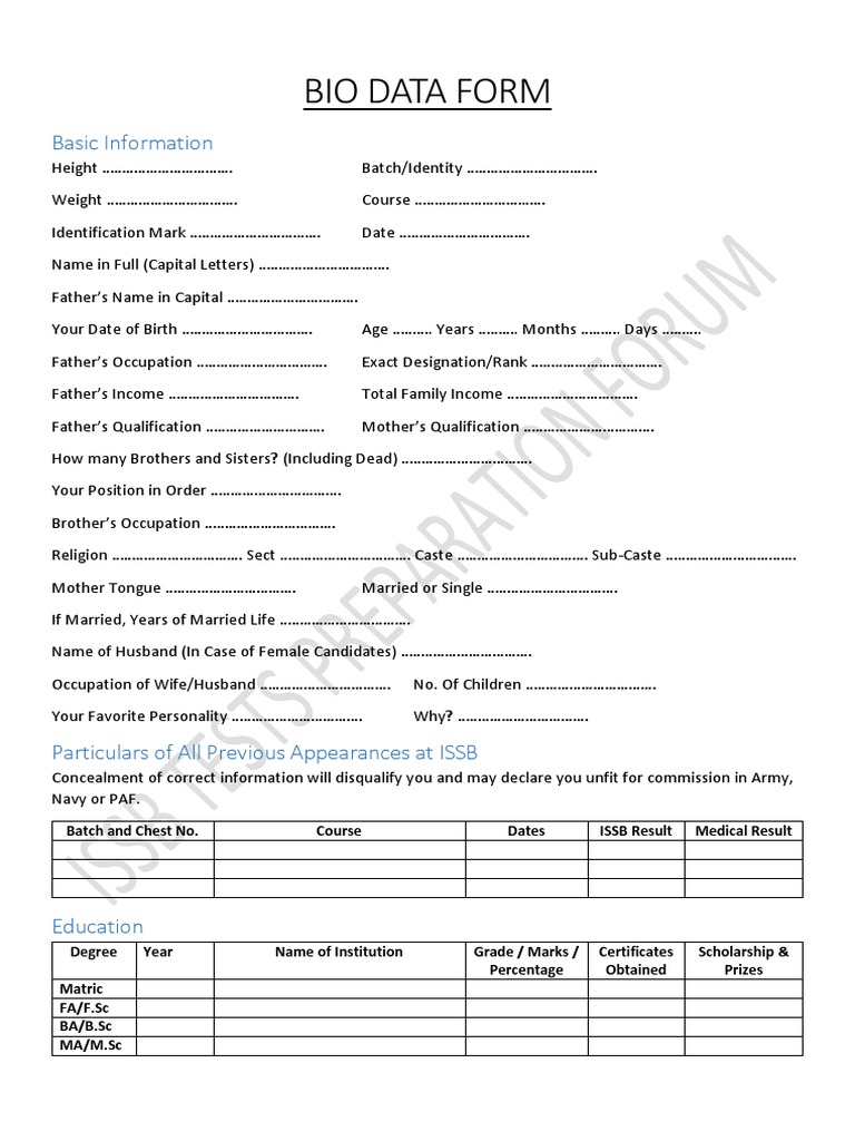ISSB Biodata Form | PDF | Bachelor's Degree
