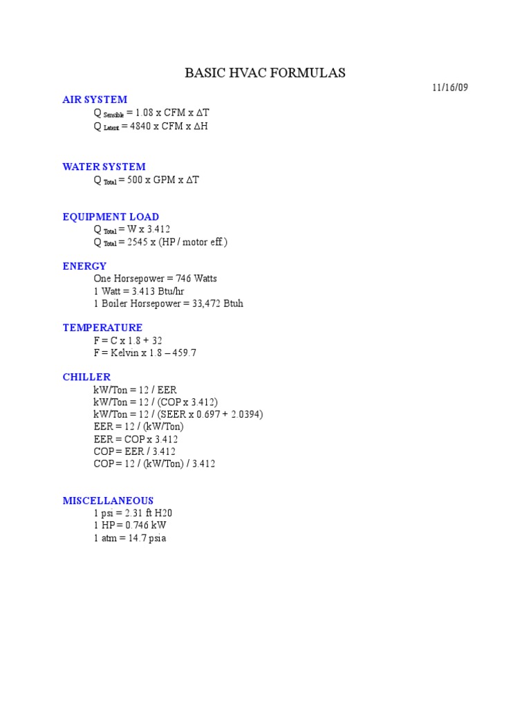 Basic Hvac Formulas: Air System | PDF