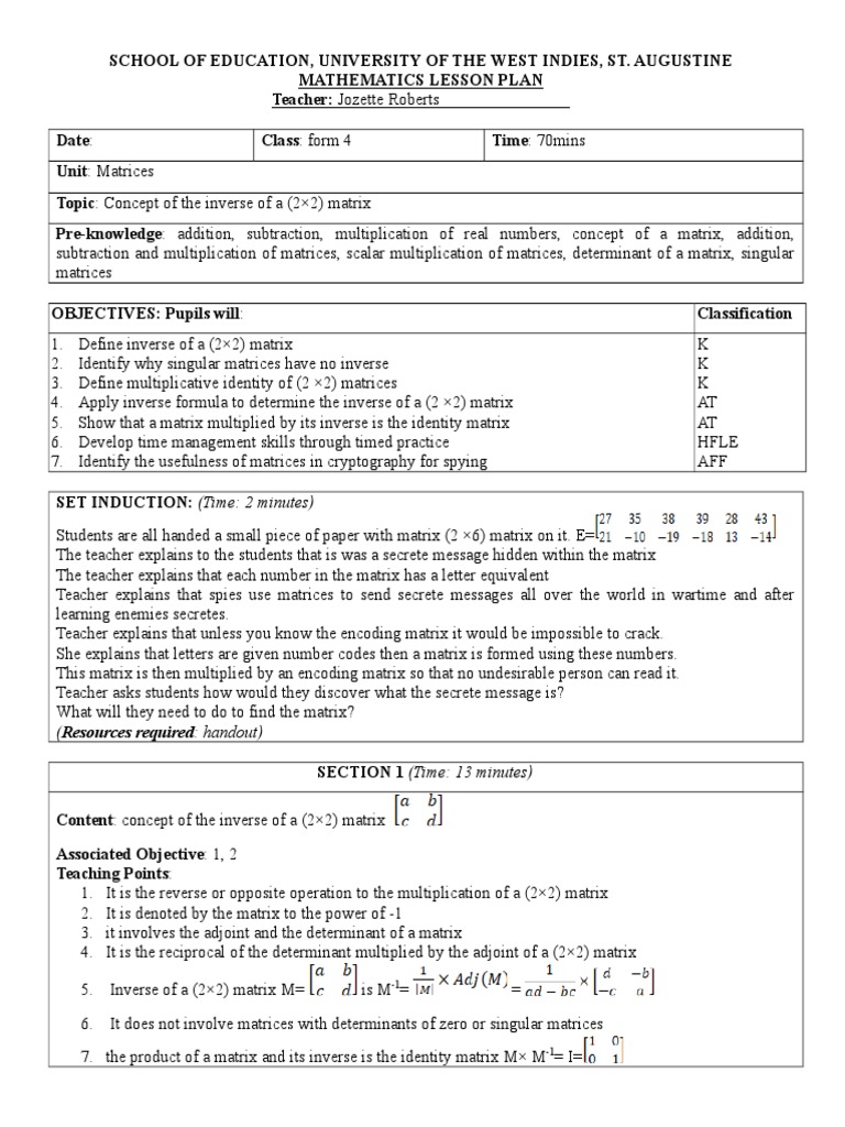 Jozette Roberts Matrices Lesson Plan Two Inverse of Matricies 1 | PDF ...