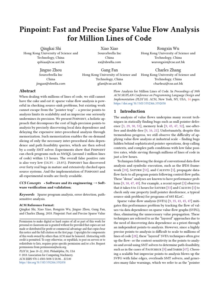Pinpoint - Fast and Precise Sparse Value Flow Analysis For Million ...