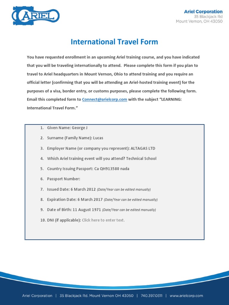 International Travel Form: Click Here To Enter Text | PDF