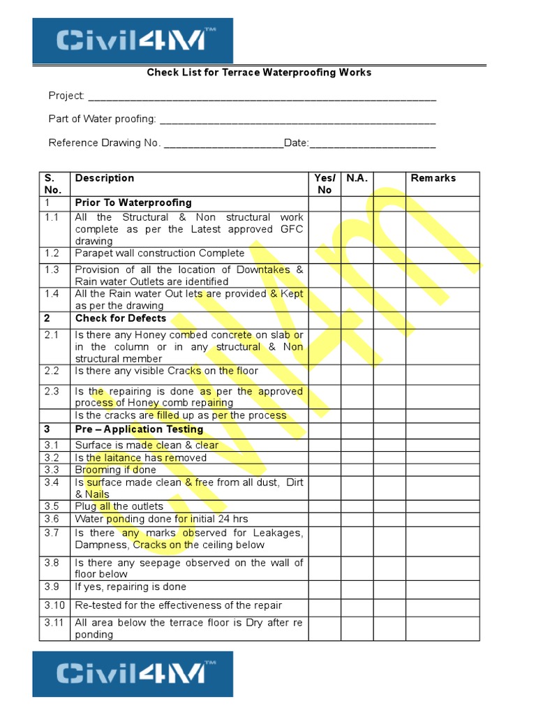 Checklist for Terrace Waterproofing | Building | Building Engineering