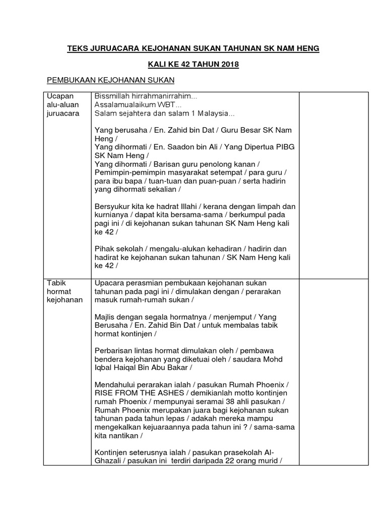 TEKS MC Pembukaan Sukan | PDF