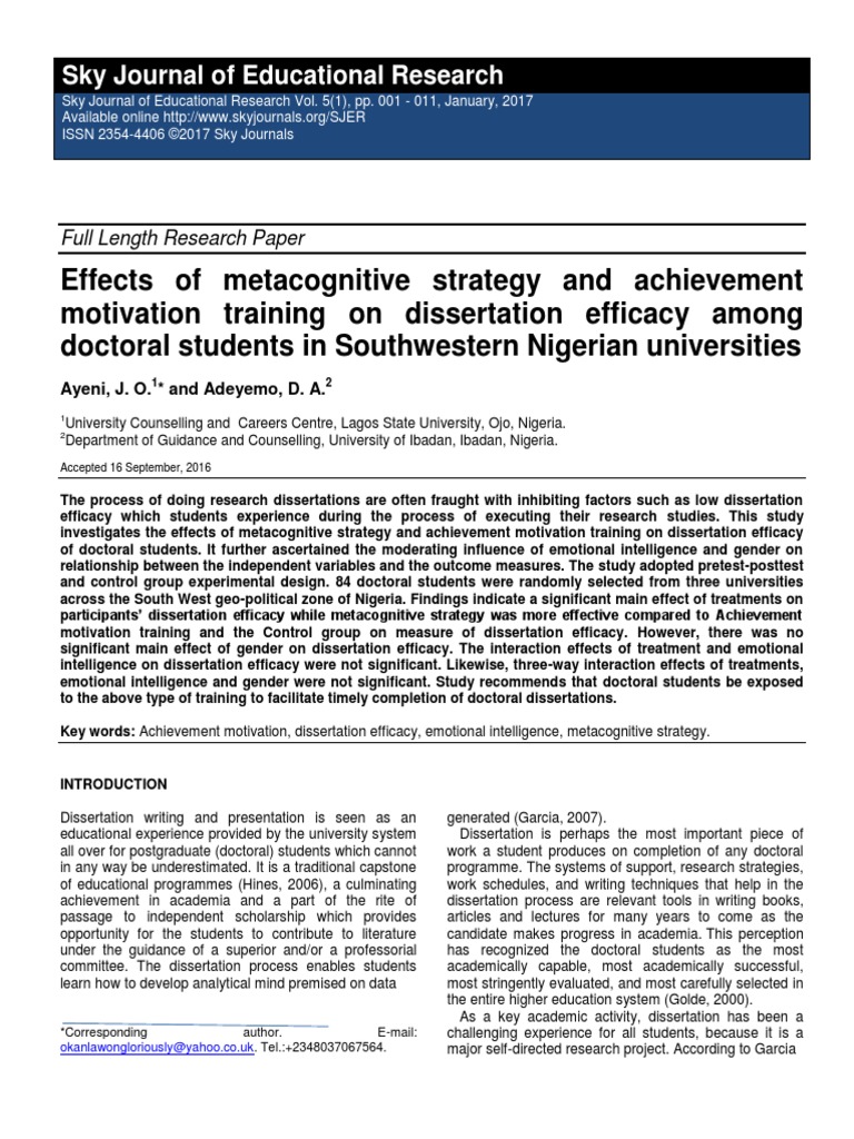 Ayeni and Adeyemo PDF | PDF | Metacognition | Self Efficacy