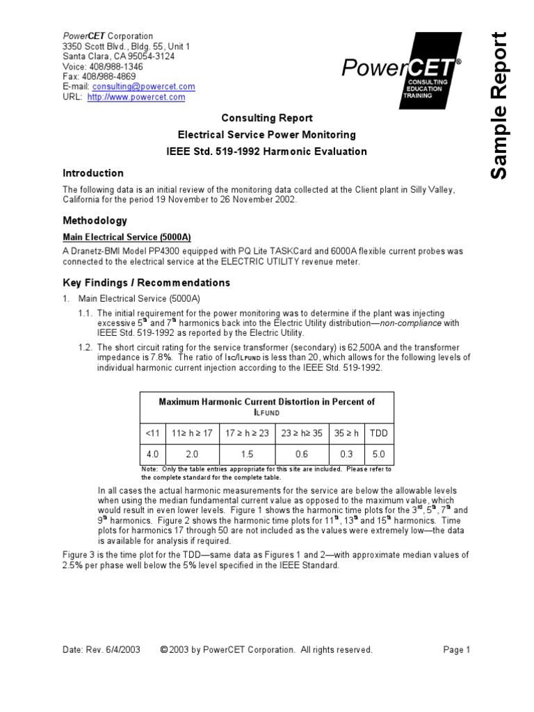 Consulting Report Electrical Service Power Monitoring IEEE Std. 519-1992 Harmonic Evaluation ...