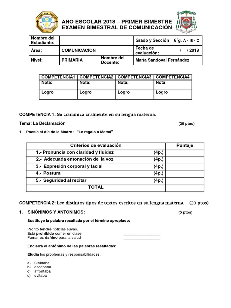 Examen I Bimestre 6to Comunicación Junior | PDF | Lealtad | Palabra
