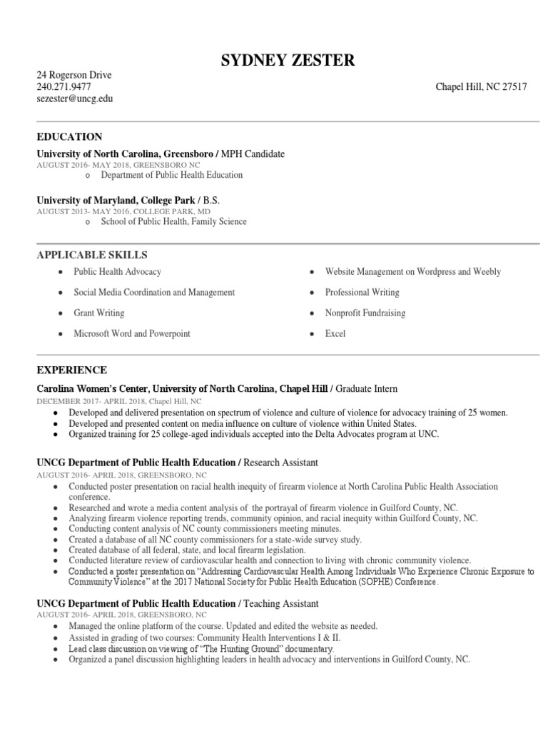 Sezester Resume 4 | PDF | University Of North Carolina At Chapel Hill ...