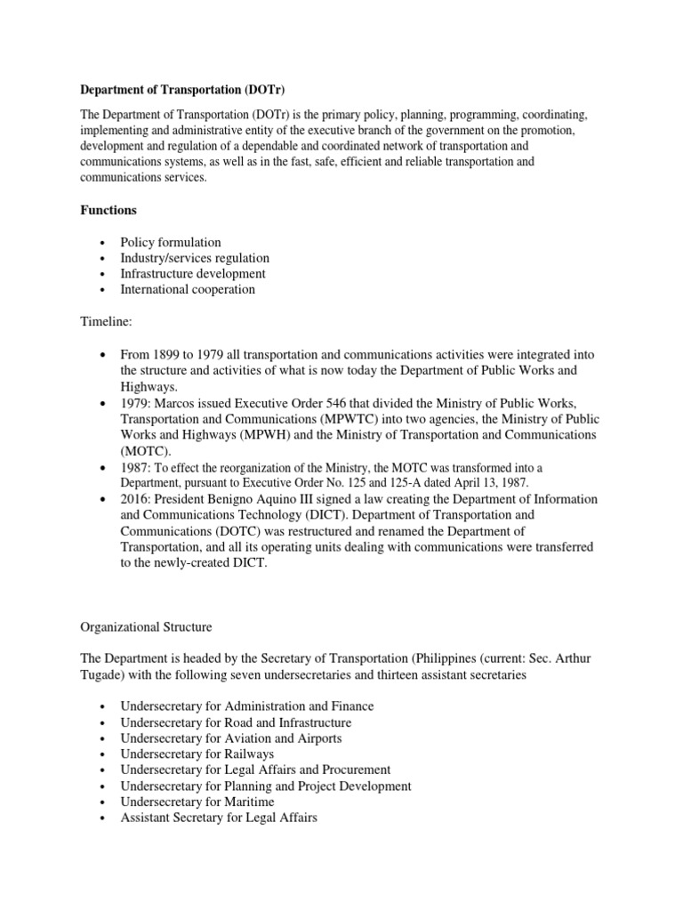 Functions: Department of Transportation (Dotr) | PDF | Transport ...