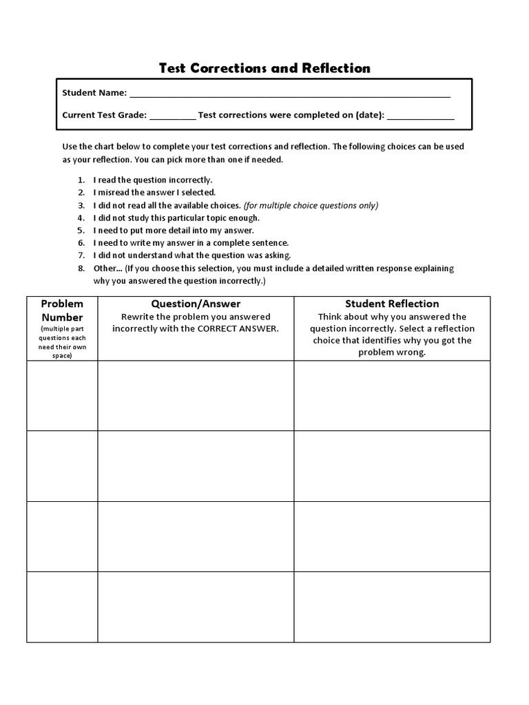 Test Correction and Reflection Sheet PDF | PDF | Multiple Choice ...