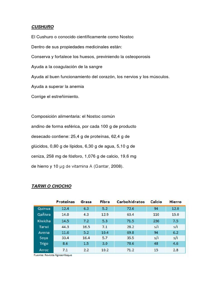 Valor nutricional y beneficios del cushuro | PDF | Salud y bienestar ...