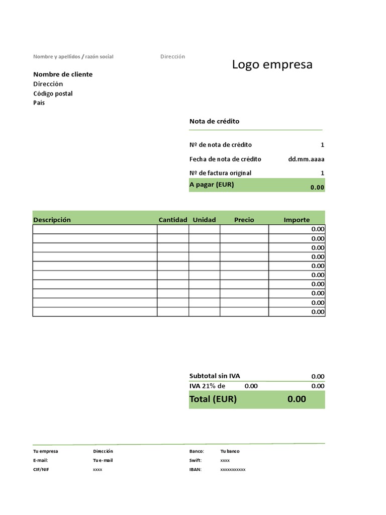 Modelo Nota de Credito Excel | Bancario | Servicio financiero y comercial