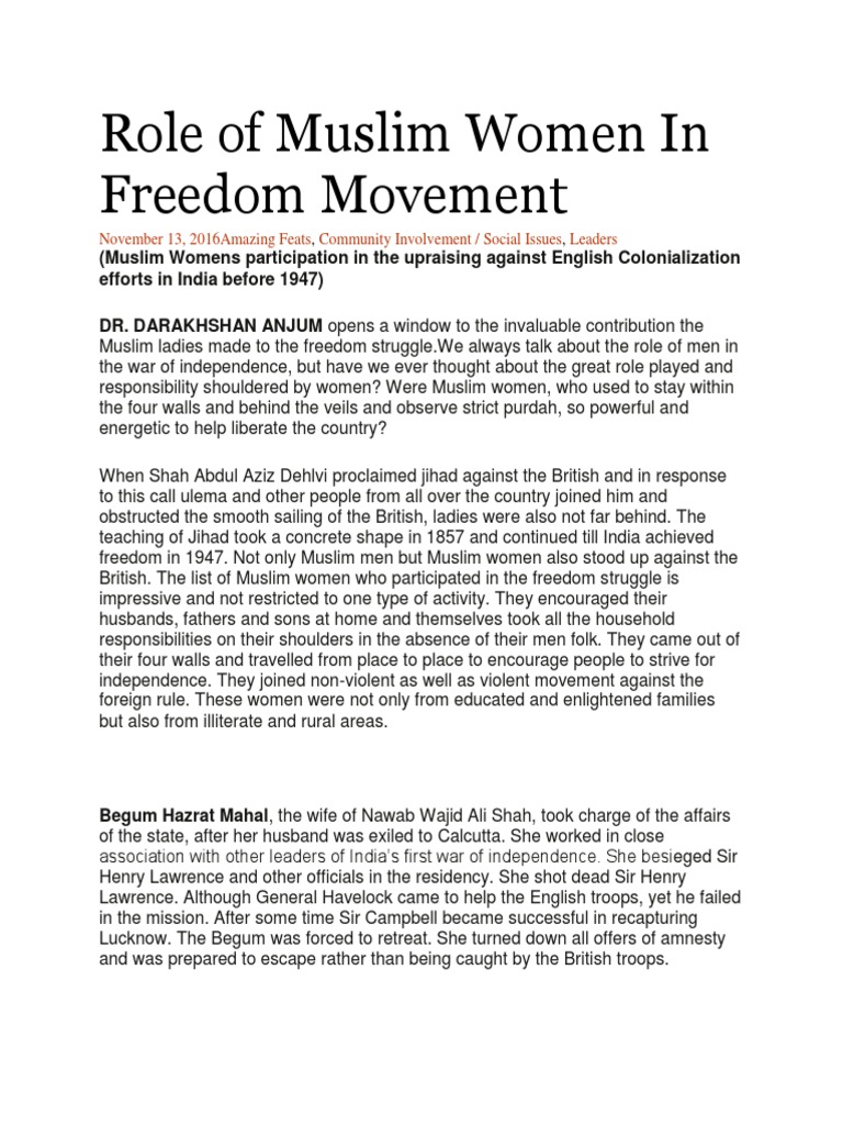 Muslim Women's Role in Freedom Struggle | PDF | British Raj | South Asia