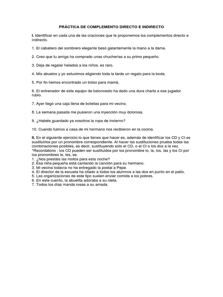 Práctica de Complemento Directo e Indirecto | PDF