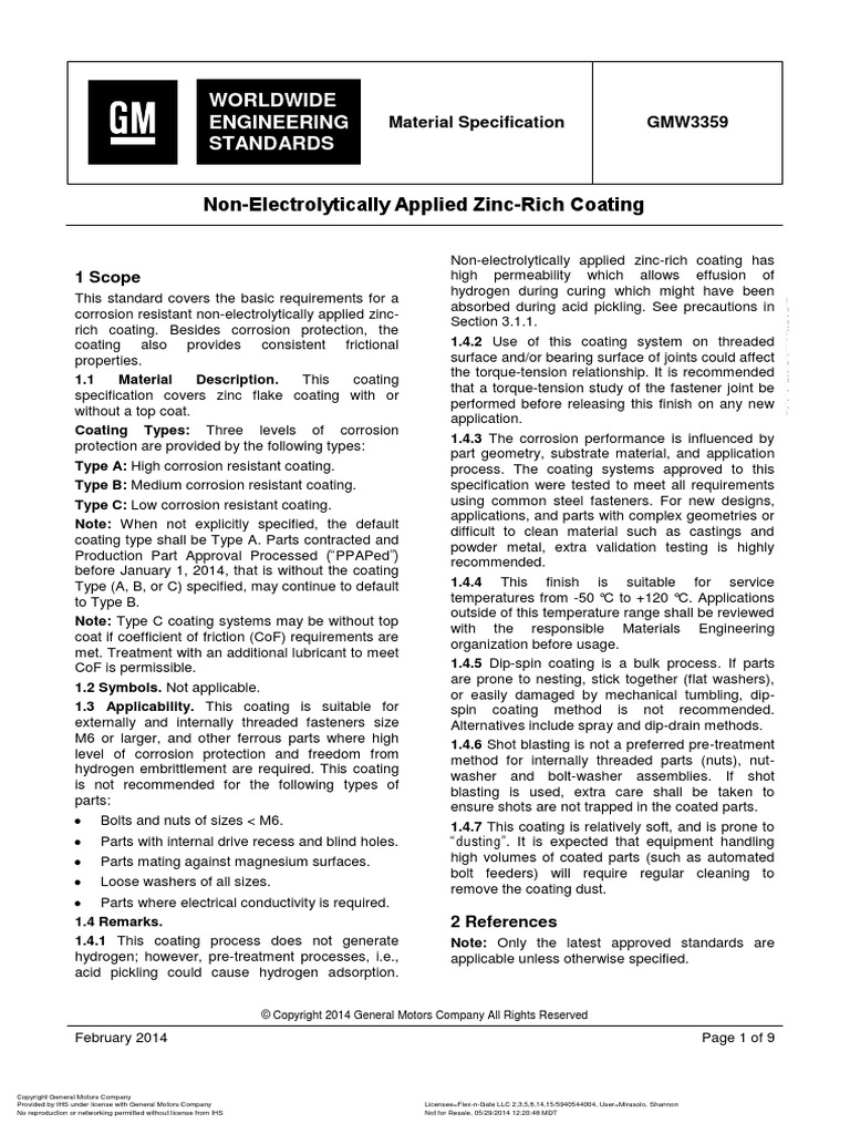 GMW 3359 Non Electrolytically Applied Zinc Rich Coating 2 1 14 PDF ...