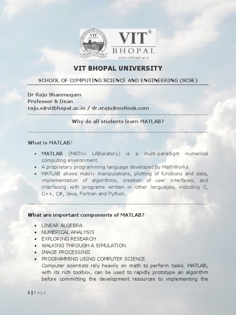 Vit Bhopal University: What Are Important Components of MATLAB? | PDF | Matlab | Computer Science