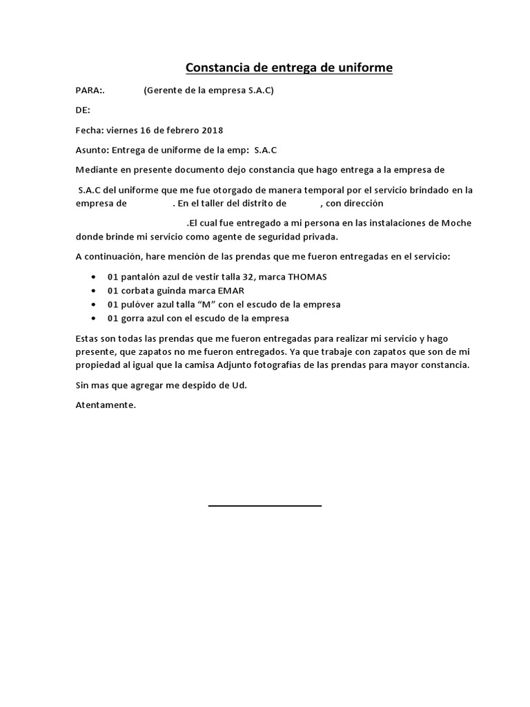 Constancia De Entrega De Uniforme Pdf