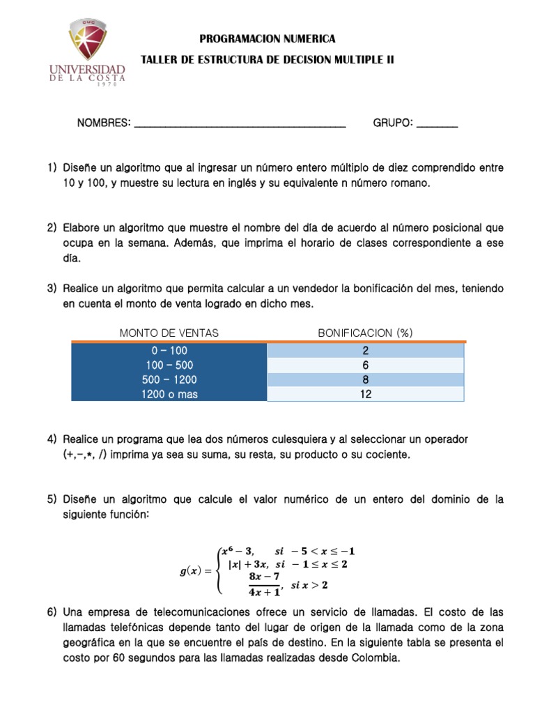 2 - Taller de Estructura de Decision Multiple II | PDF | Algoritmos | C