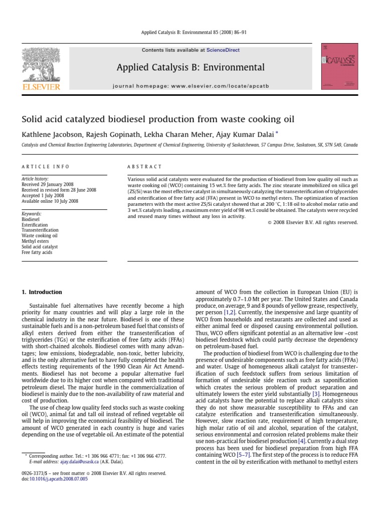 Solid Acid Catalyzed Biodiesel Production From Waste Cooking Oil ...