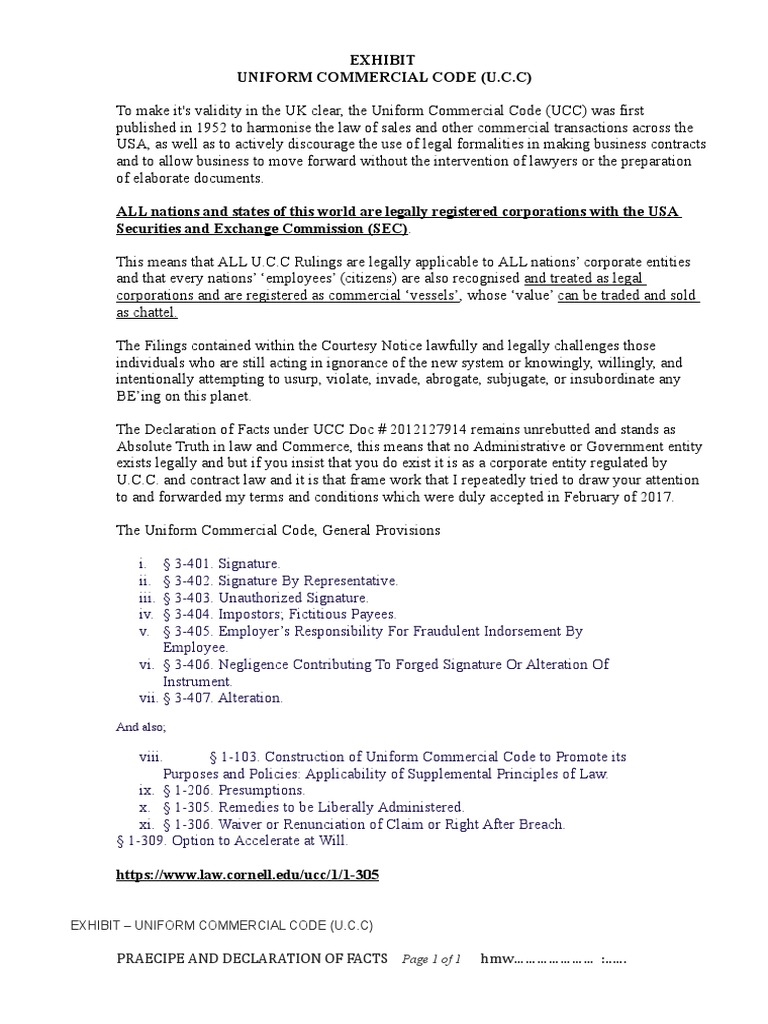 Exhibit Uniform Commercial Code (U.C.C) : Praecipe and Declaration of ...