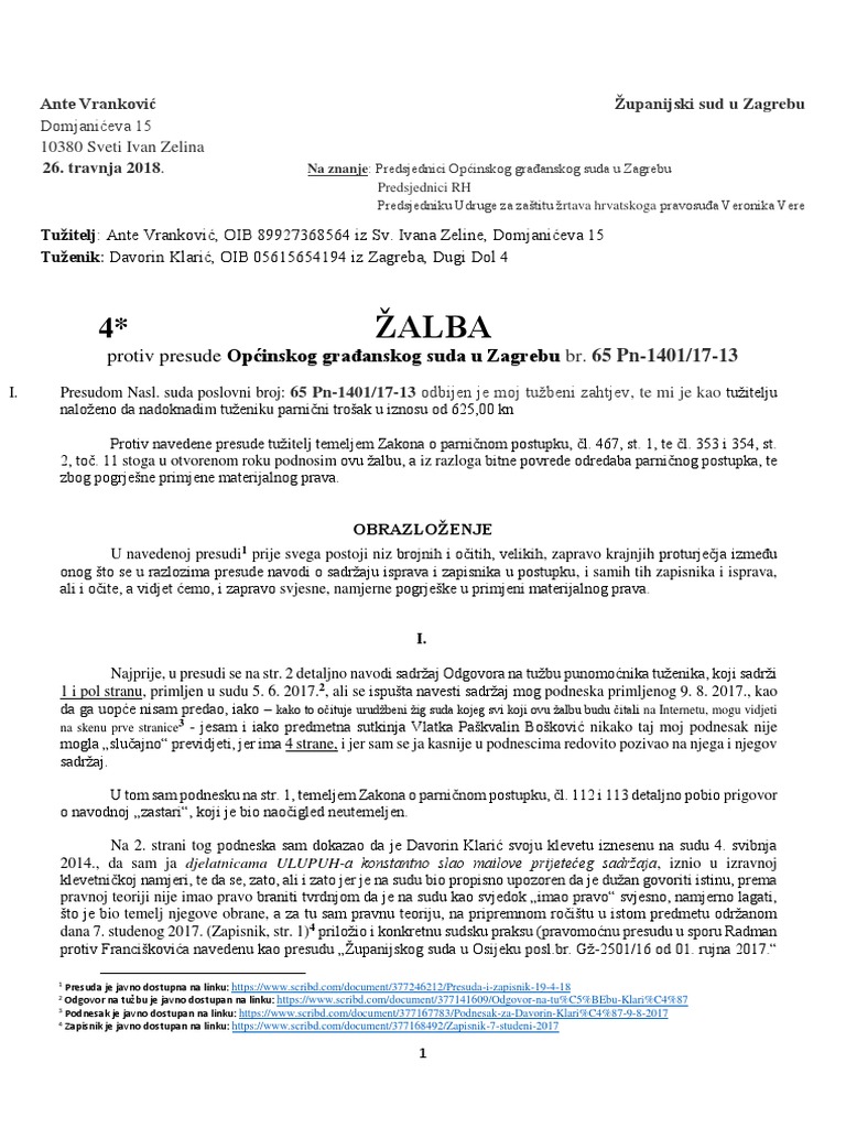 Žalba Davor Klarić - 26 4 2018