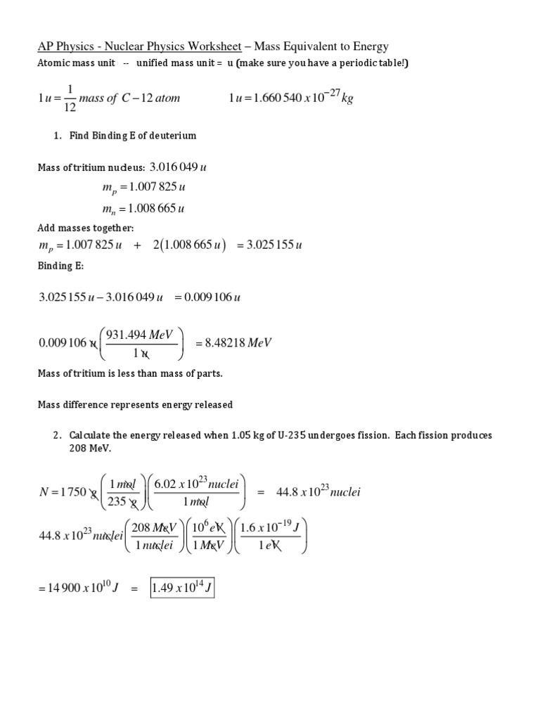 Worksheet - Mass Equivalent of Energy Key | PDF | Atomic Nucleus | Electronvolt