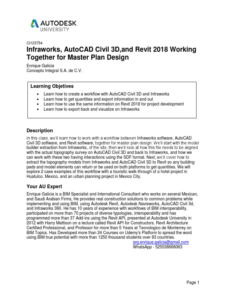 Class Handout CI123754 InfraWorks AutoCAD Civil 3D and Revit 2018 ... Class Handout CI123754 InfraWorks AutoCAD Civil 3D and Revit 2018 ...