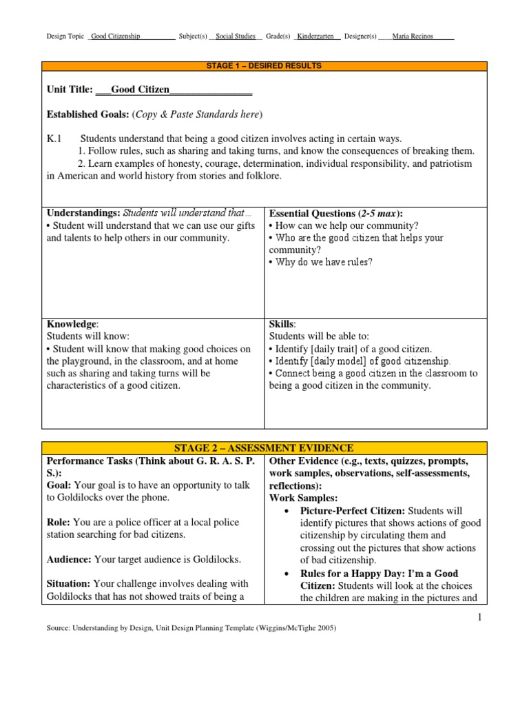 Ubd Template 1 | PDF | Citizenship | Educational Assessment