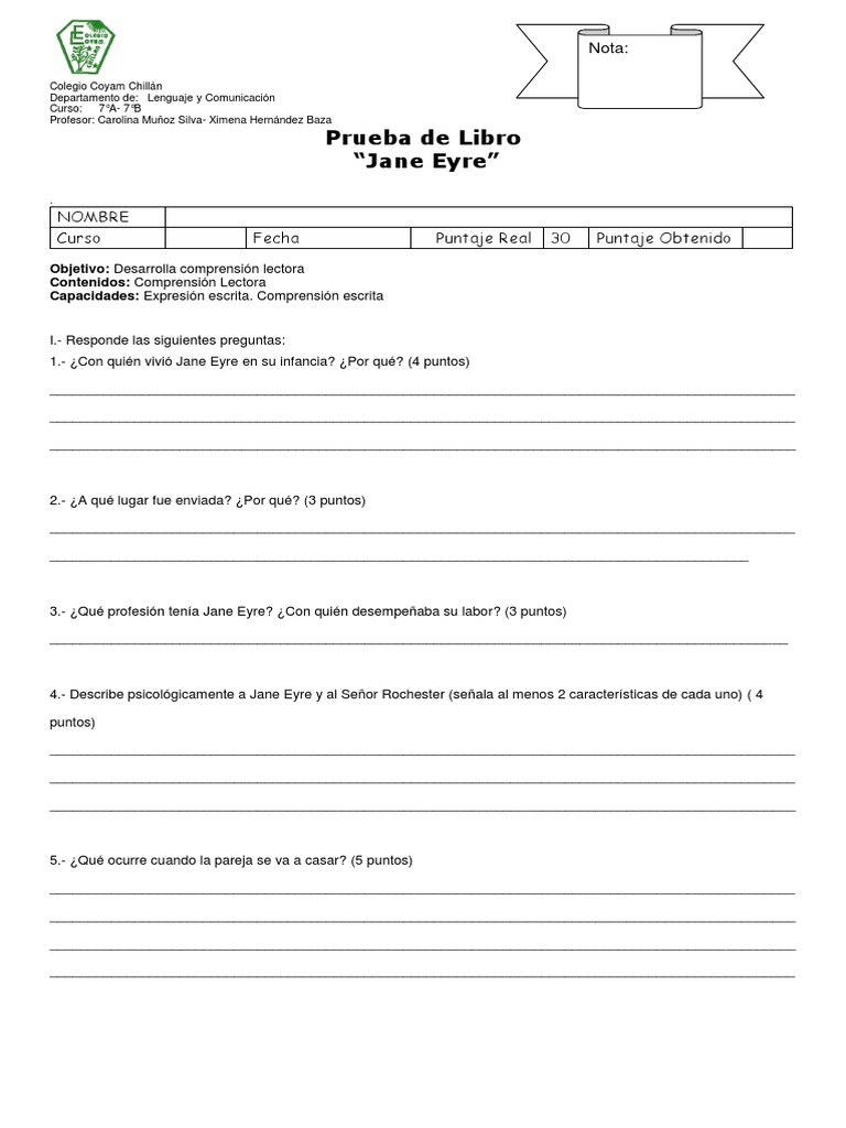 Prueba de Comprensión: Jane Eyre | PDF | Jane Eyre
