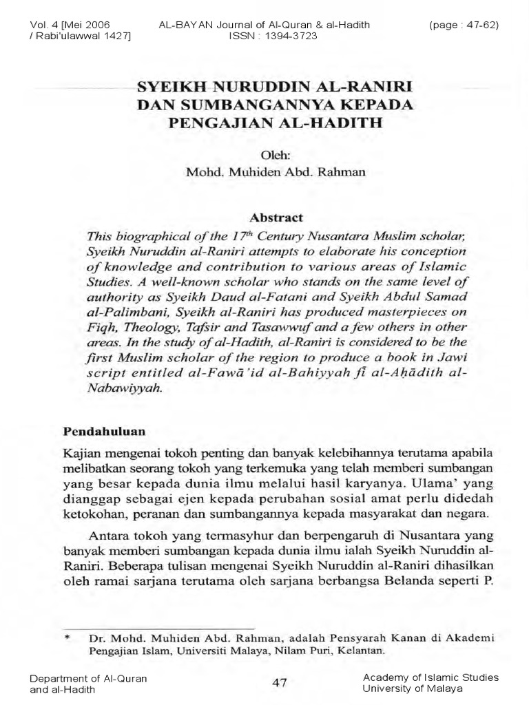 Syeikh Nuruddin Al-Raniri Dan Sumbangannya Kepada Pengajian Al-Hadith | PDF