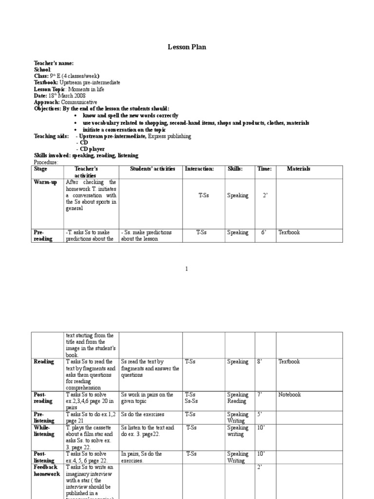 Model Plan de Lectie Engleza | PDF | Reading (Process) | Reading Comprehension
