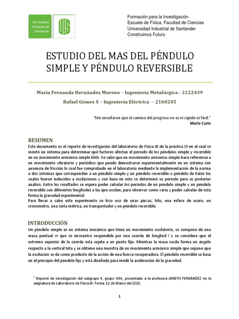Informe I3 | PDF | Péndulo | Movimiento (física)