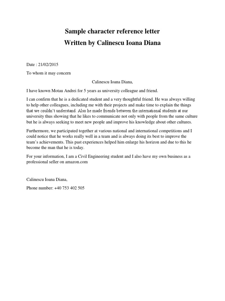 Sample Character Reference Letter | PDF | Psychological Concepts