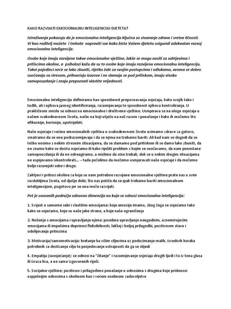 Kako Razvijati Emocionalnu Inteligenciju Djeteta | PDF