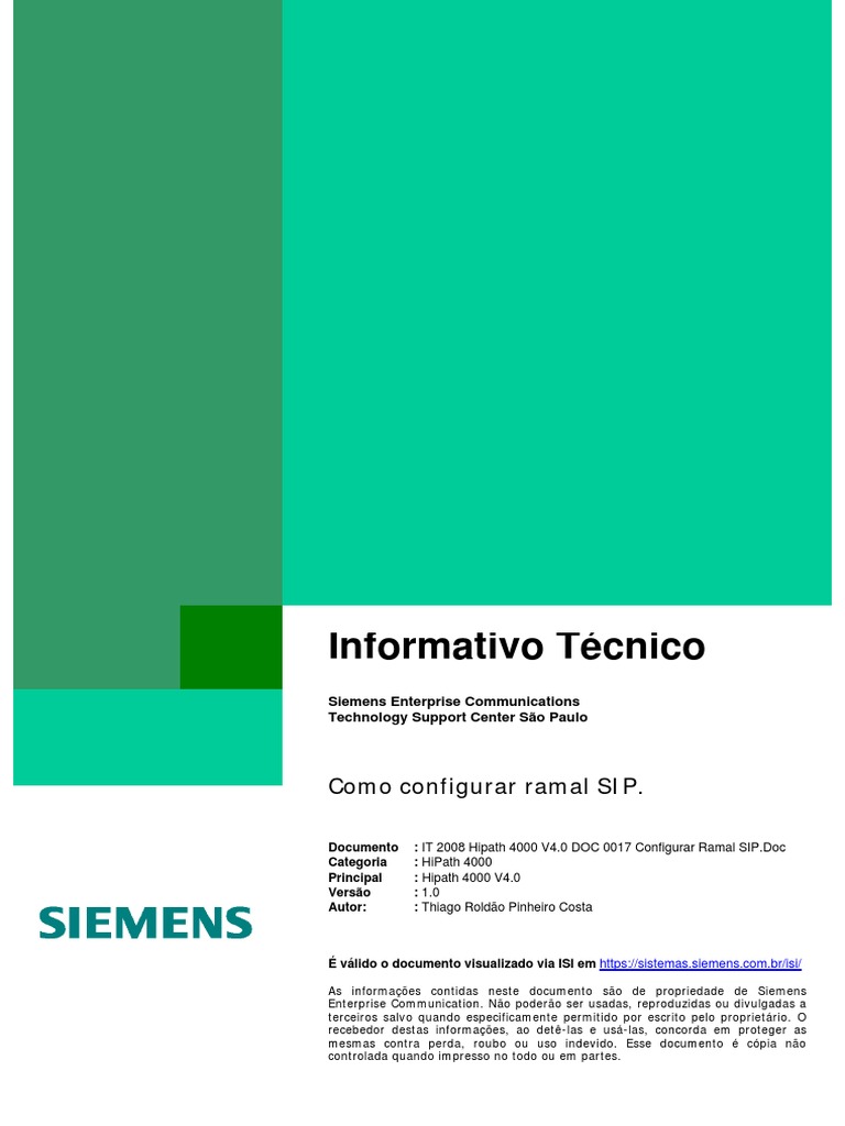 IT 2008 HiPath 4000 V4 - 0 DOC 0017 Configurar Ramal SIP | PDF ...